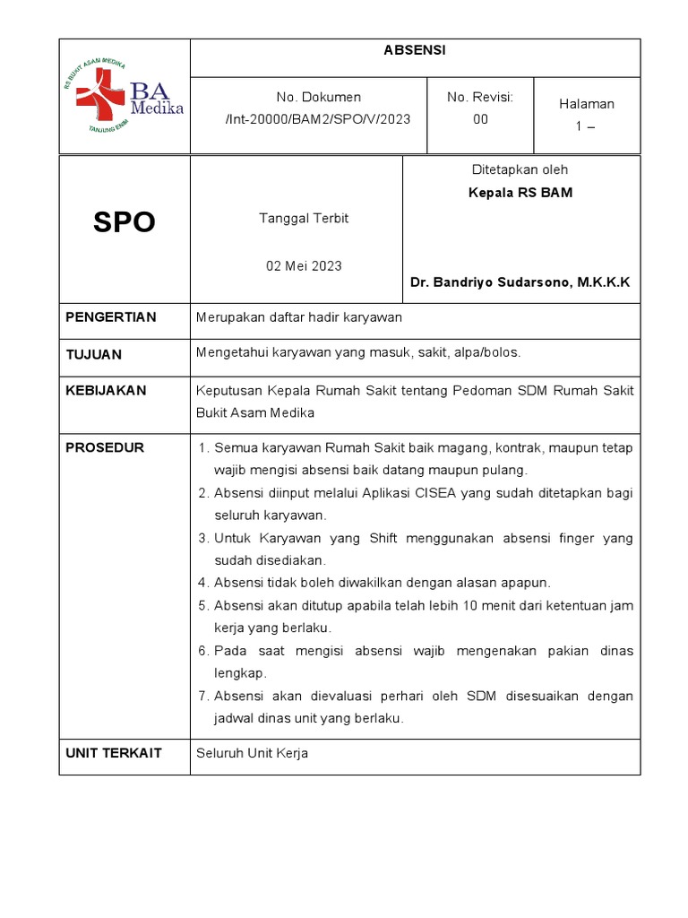 SOP Absensi Karyawan RS BAM | PDF