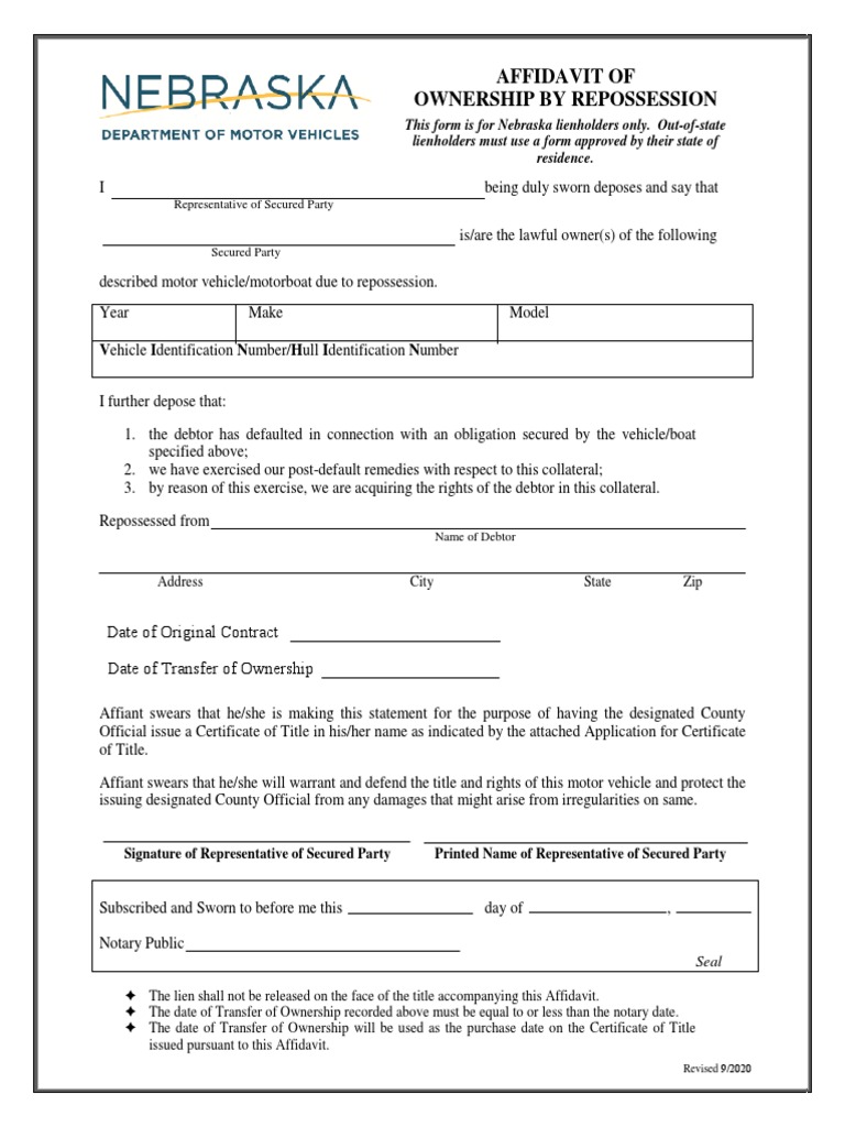 Affidavit of Ownership by Repossession | PDF | Repossession | Affidavit