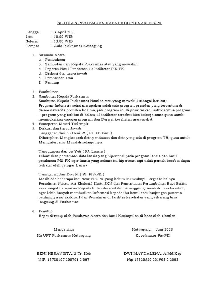 Notulen Pis PK | PDF | Pengembangan Diri