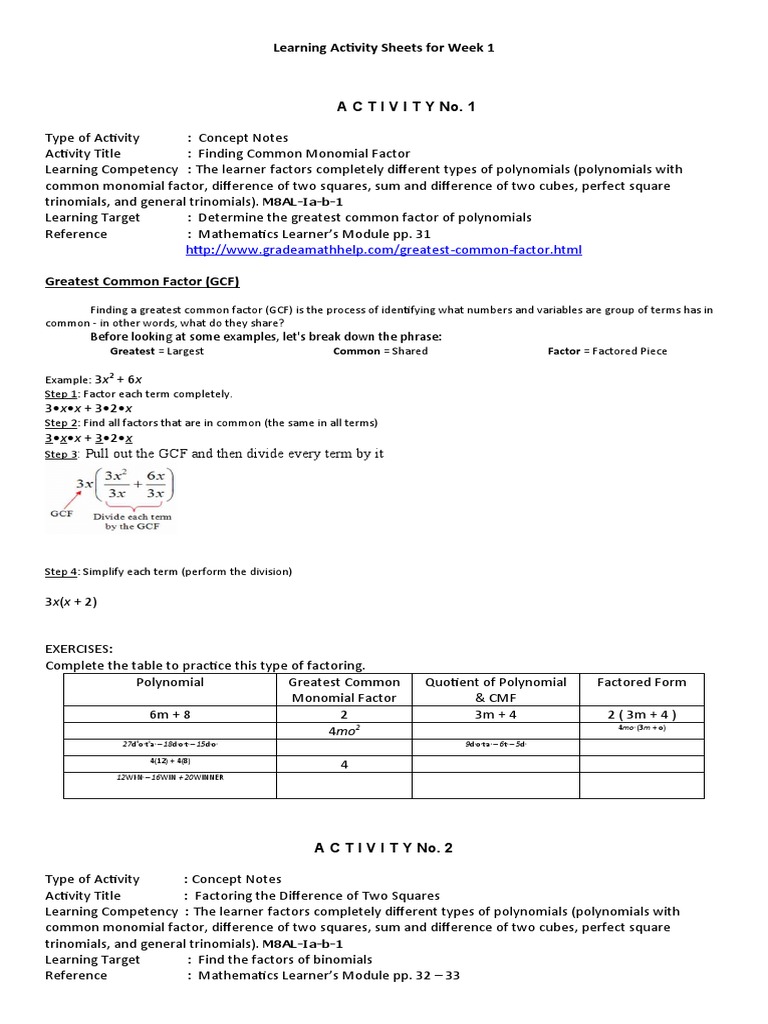 Learning Activity Sheets - Week 1 | PDF | Factorization | Equations