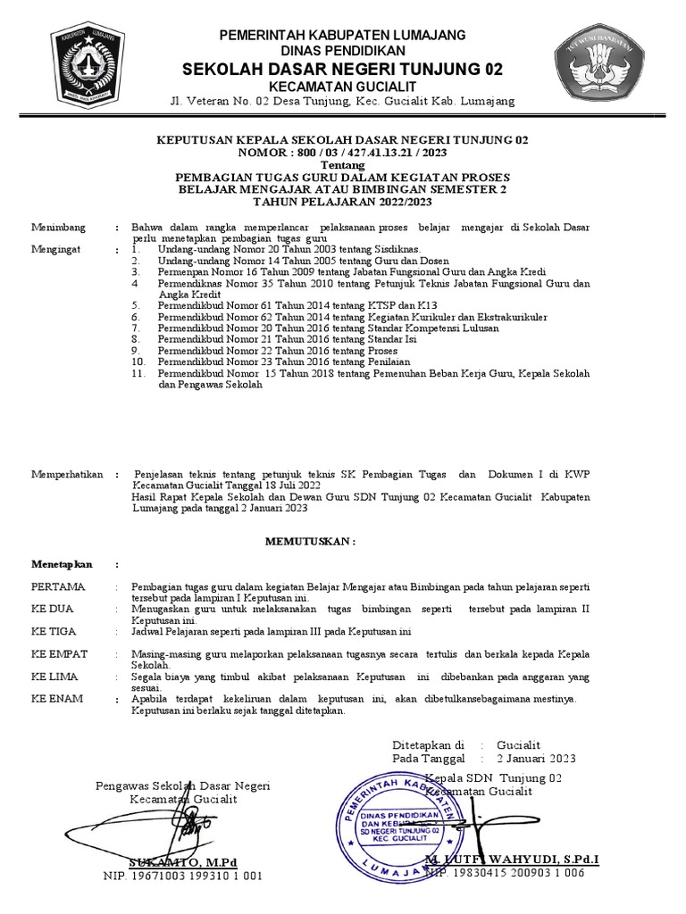 SK Pembagian Tugas 2022-2023 Semester 2 | PDF