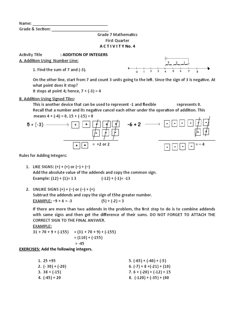 Activity No. 10 Addition of Integers | PDF