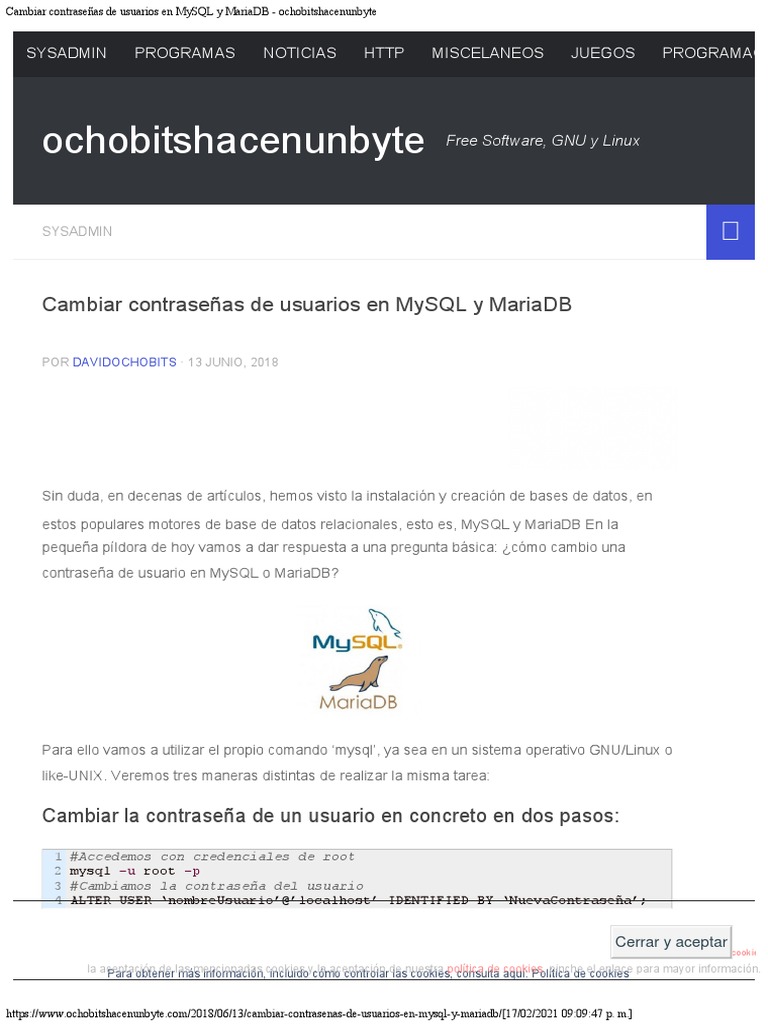 Cambiar contraseñas de usuarios en MySQL y MariaDB - ochobitshacenunbyte | PDF | Mi sql | Contraseña