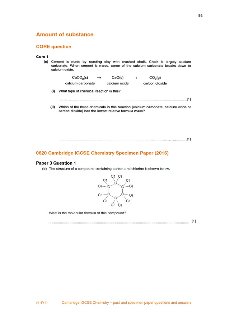 Amount of Substance CIE IGCSE 0620 PPQ | PDF | Chemistry | Chemical ...