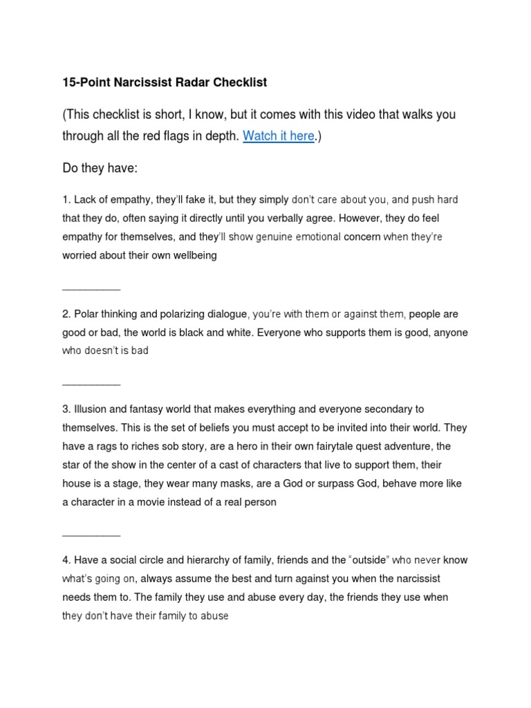 Narcissist Radar Checklist | PDF | Psychology | Social Psychology