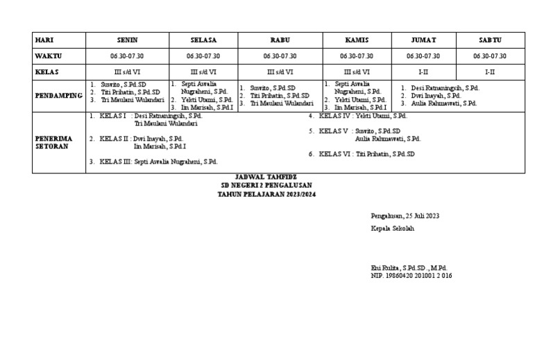 Jadwal Tahfidz SDN 2 Pengalusan | PDF