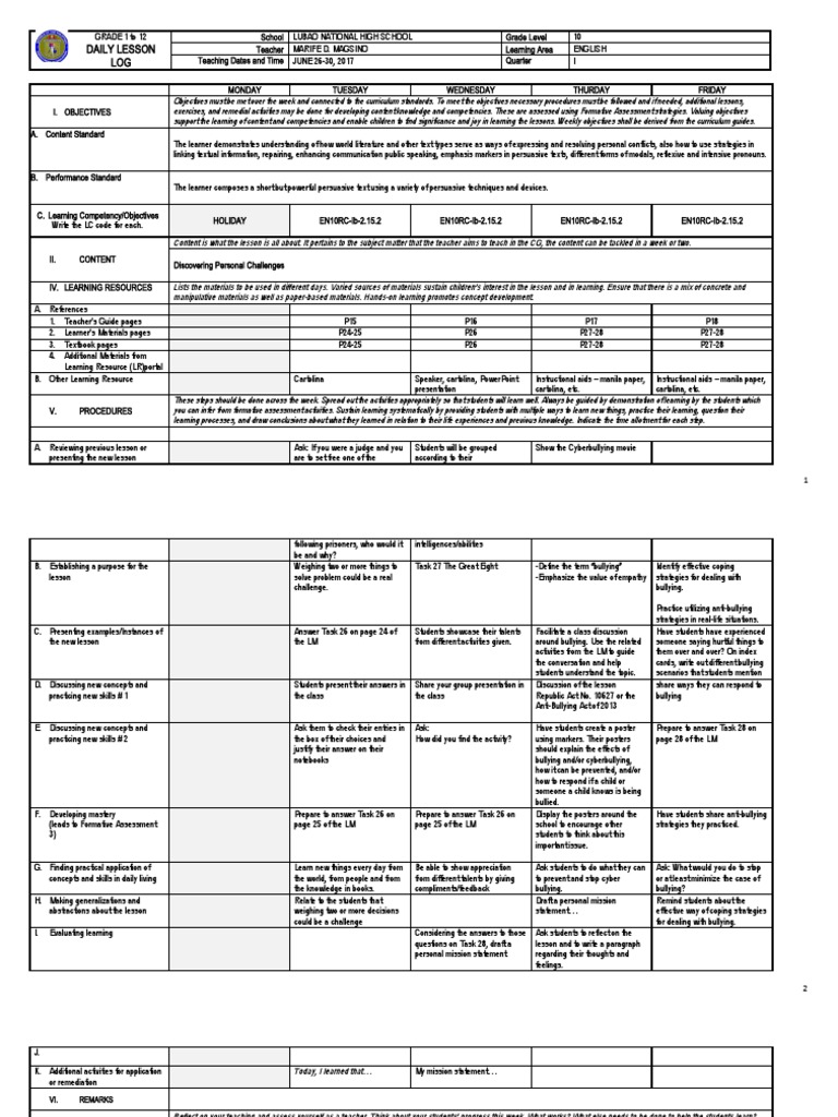 DLL ENGLISH 10 wk4 | PDF | Learning | Bullying