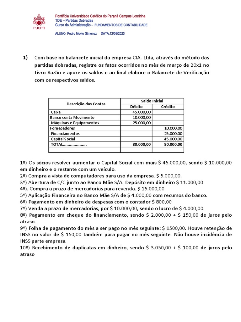Tde 2023 - Razonete | PDF | Contabilidade | Economia financeira