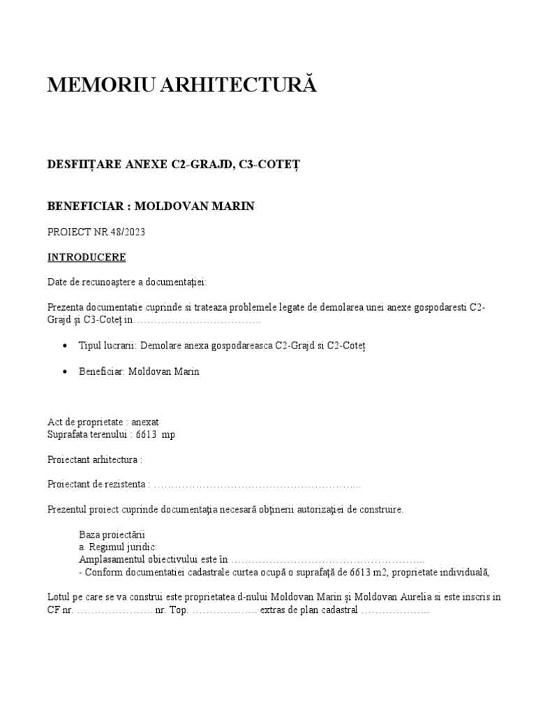 MODEL MEMORIU ARHITECTURA (1) (Copy) | PDF
