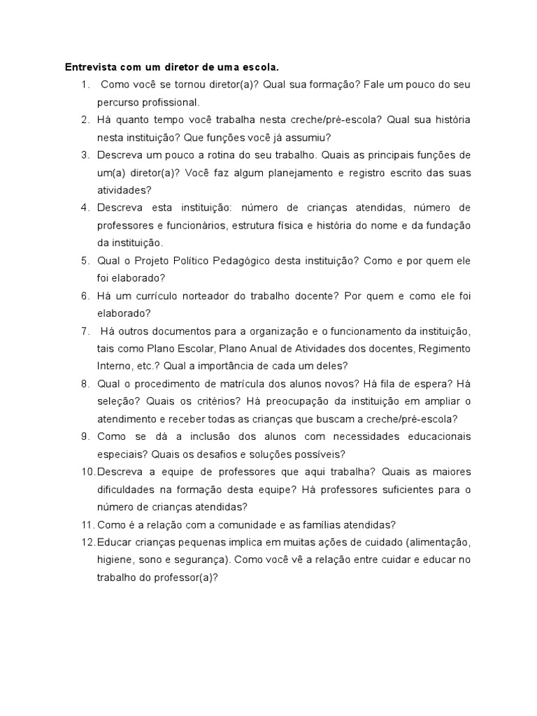 Perguntas para A Entrevista | PDF | Escolas | Pré-escola