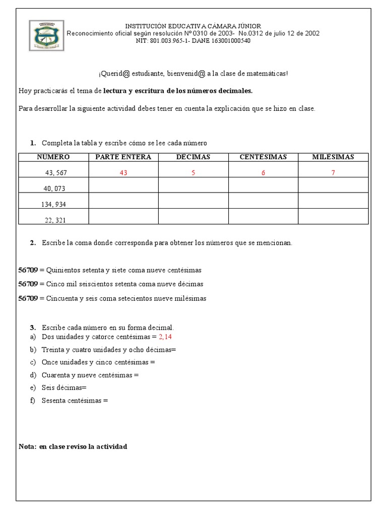 Actividad Grado 4 Numeros Decimales | PDF