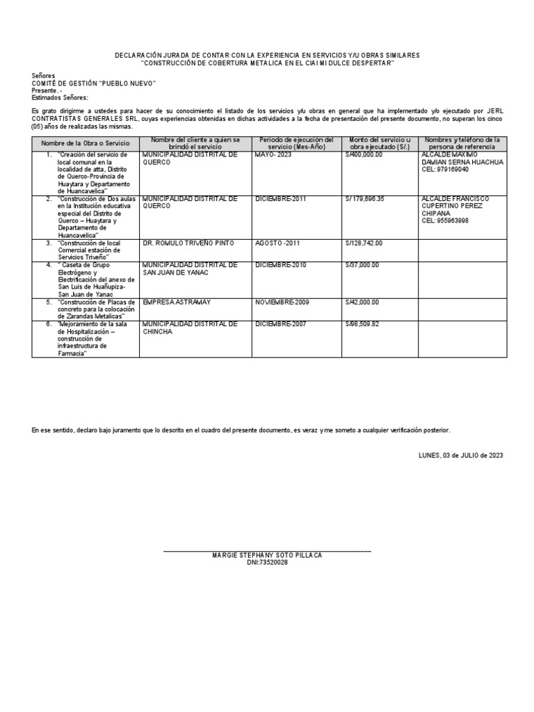 Anexo 24 - MODELO DJ DE CONTAR CON LA EXPERIENCIA EN SERVICIOS Y, U OBRAS SIMILARES - V3 | PDF