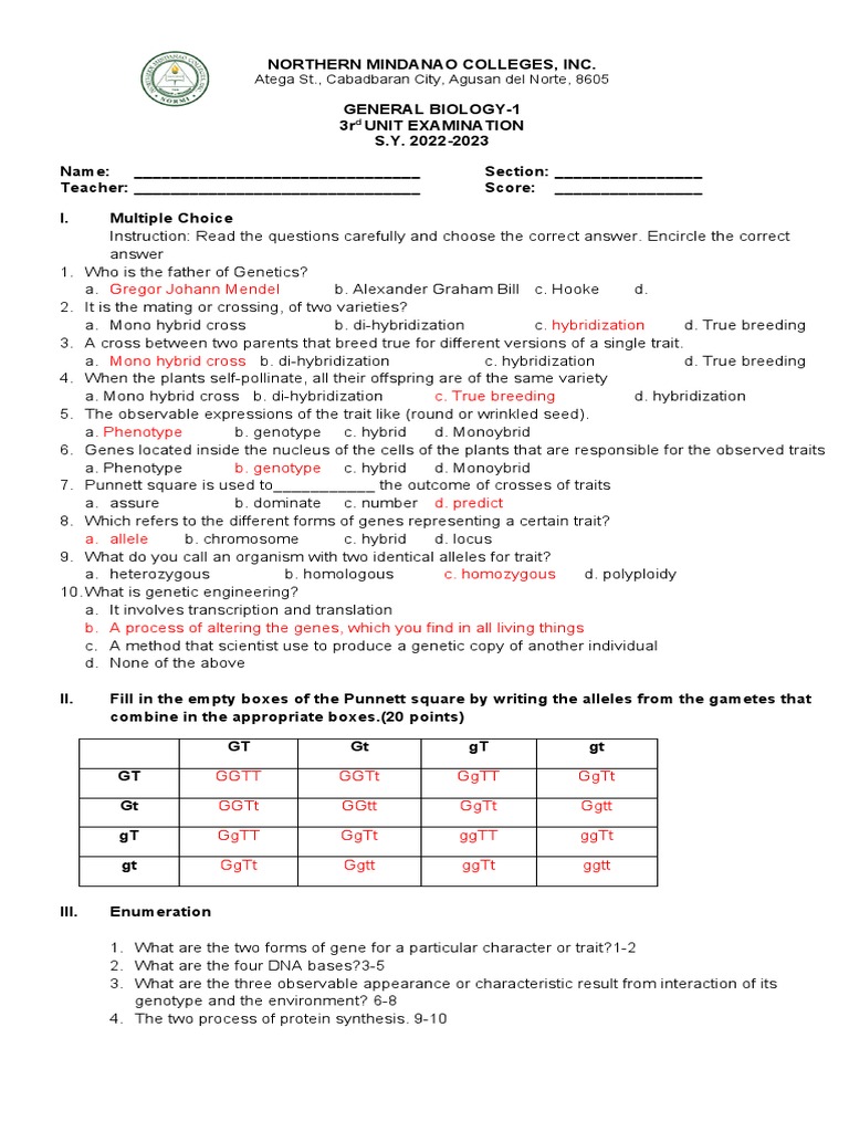 3rd Unit Examinationdocx Gen Bio WD Answer Key | PDF | Zygosity ...