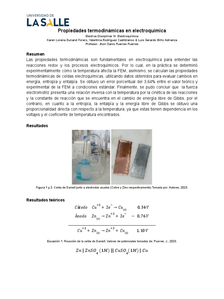 Primer Reporte - Dunand, Brito, Rodríguez - Celda Galvánica | PDF | Energía libre de Gibbs ...