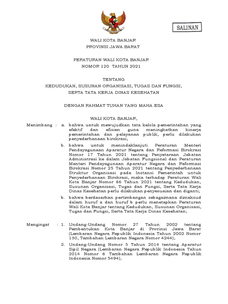 Perwal Nomor 120 Tahun 2021 TTG Tugas Dan Fungsi - Dinkes Print | PDF