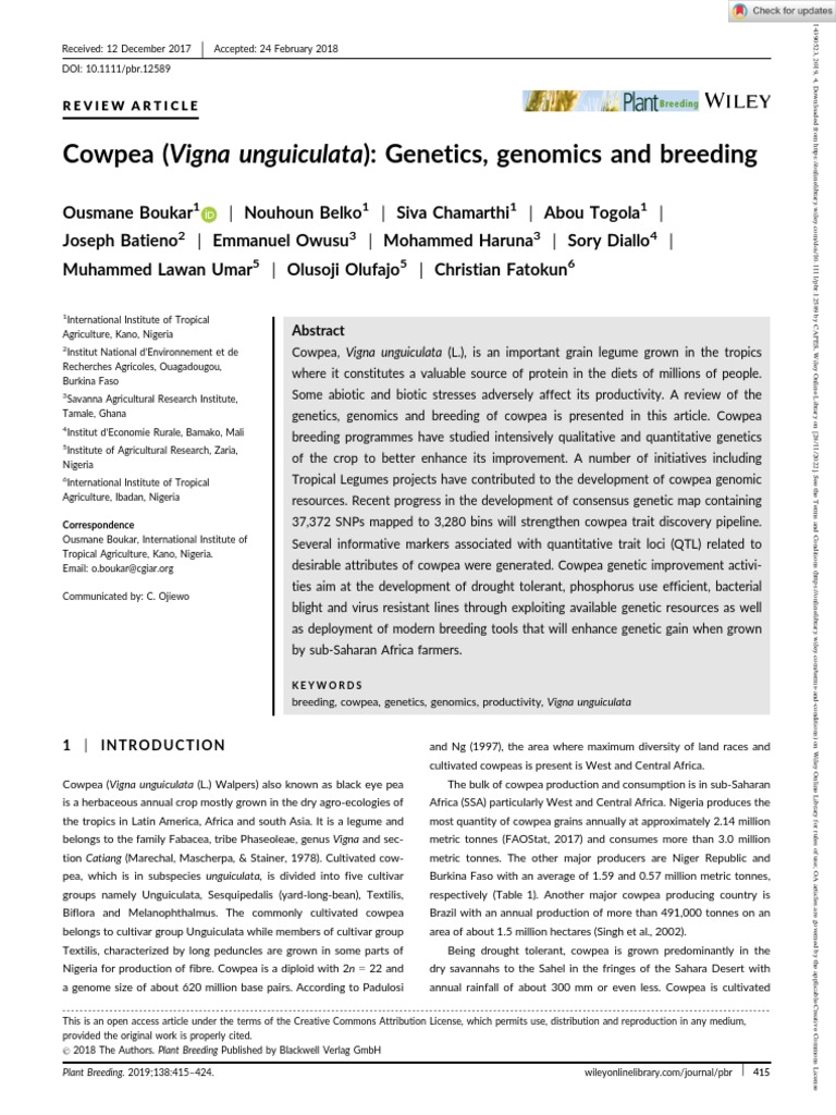 Plant Breeding - 2018 - Boukar - Cowpea Vigna Unguiculata Genetics Genomics and Breeding | PDF ...