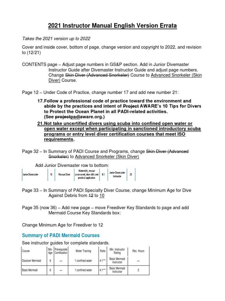2022 PADI Instructor Manual Errata (Summary of Changes Between 2022 and 2023 Versions) | PDF ...
