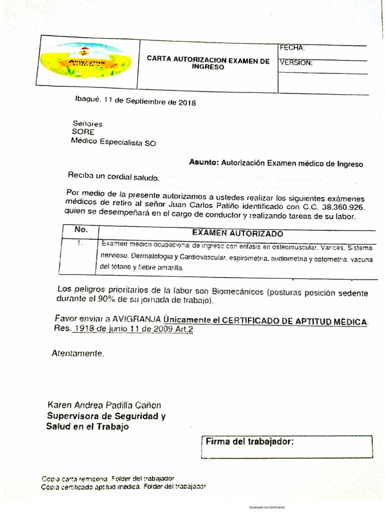 Carta de Exámenes Médico 39 | PDF