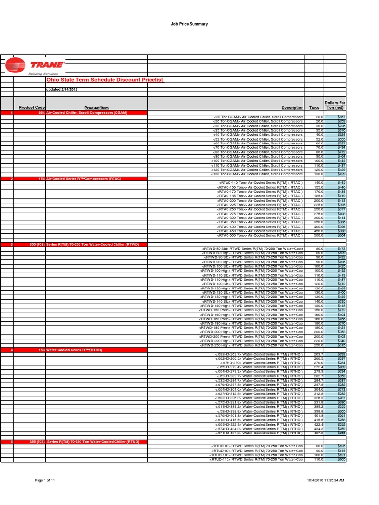 Trane Chiller Price List | PDF | Mechanical Engineering | Gas Technologies