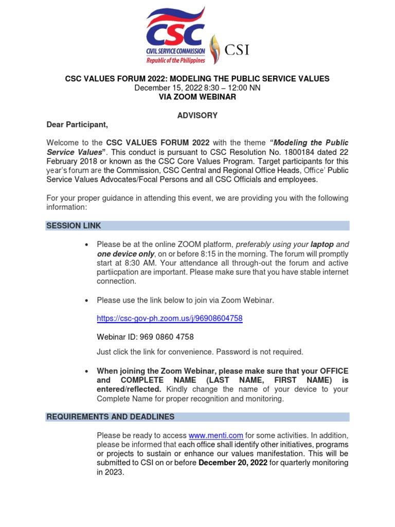 CSI Advisory-CSC Values Forum December 15 | PDF | Computing