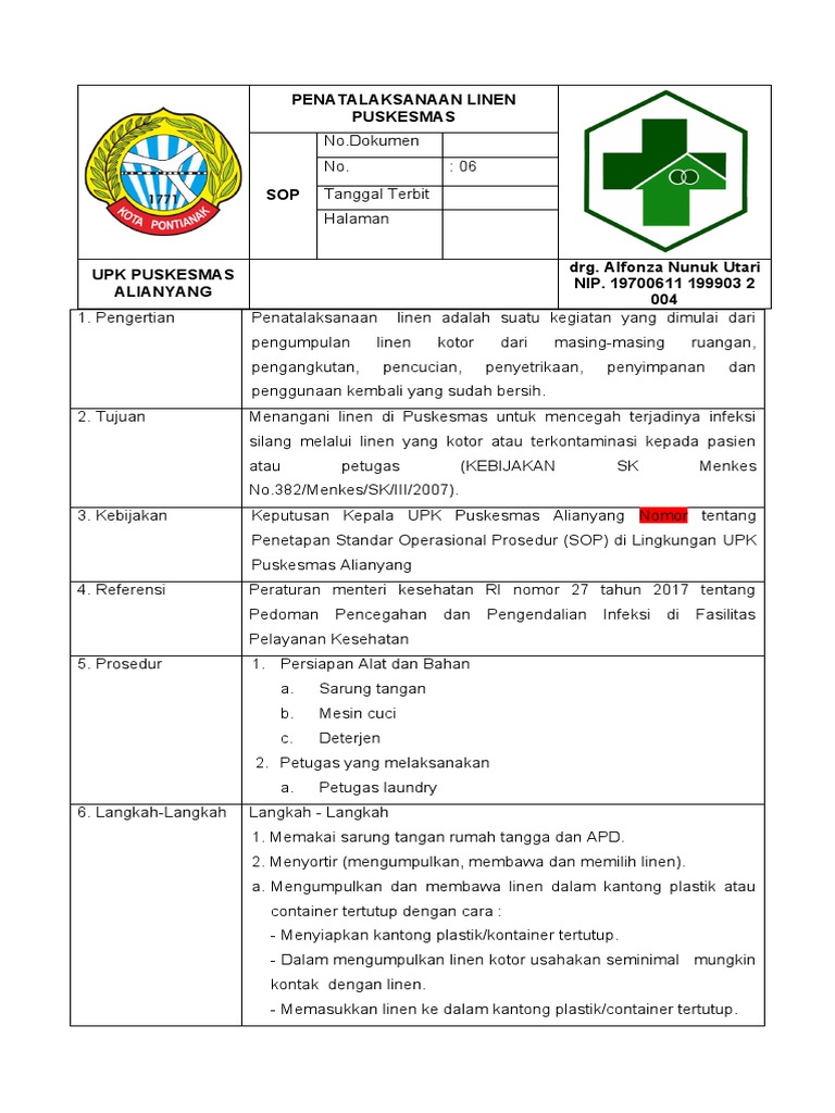 Sop Penatalaksanaan Linen Puskesmas | PDF