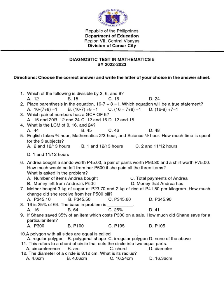 Diagnostic Test in Mathematics 5 2022 2023 | PDF | Circle | Area