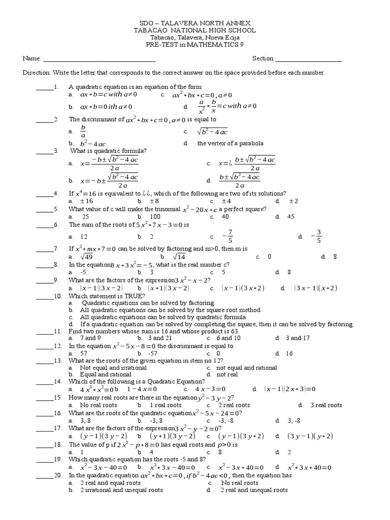 Grade 9 Pre Test | PDF | Quadratic Equation | Equations