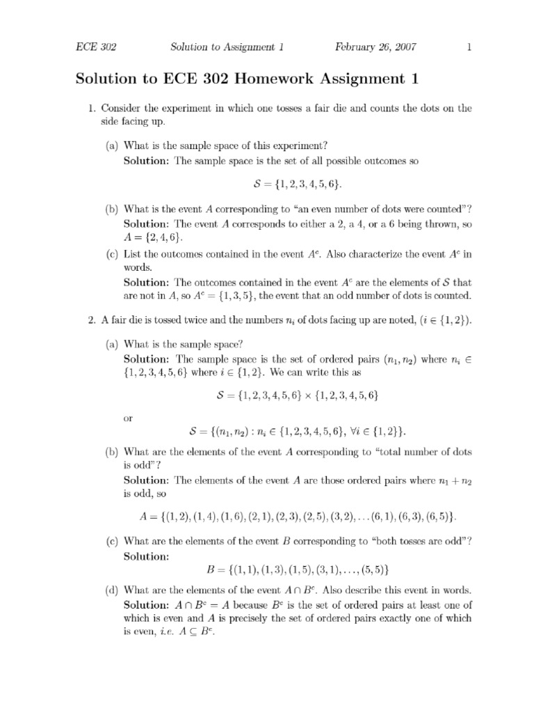 Solution To ECE 302 Homework Assignment 1 | PDF
