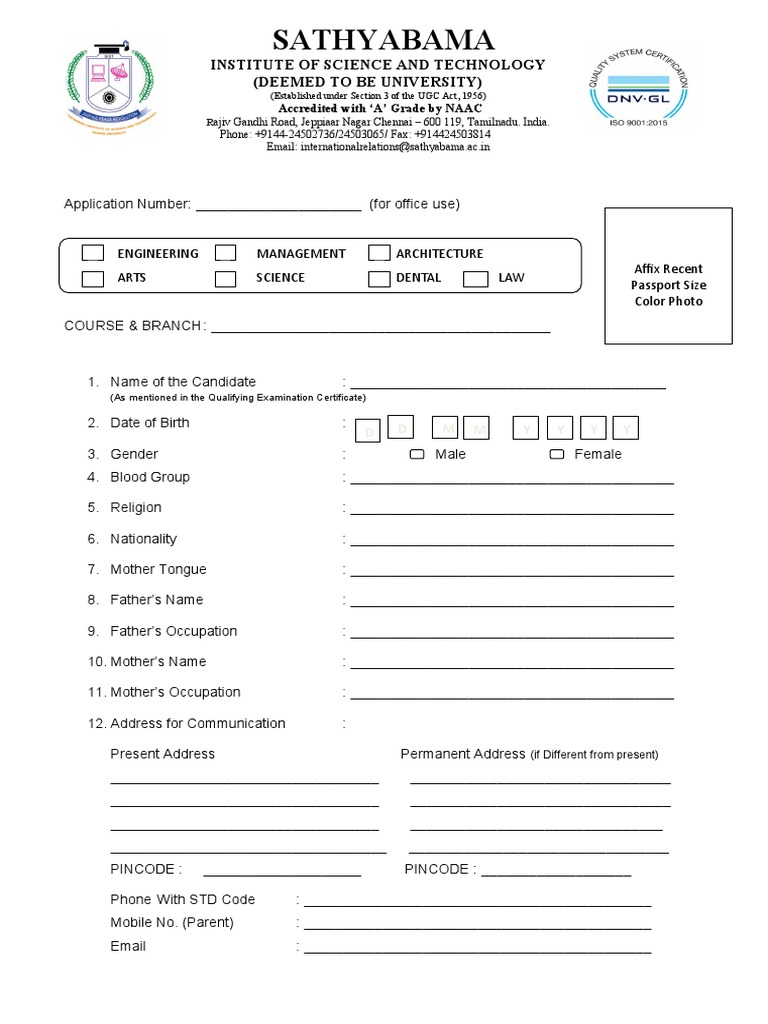 Sathyabama University Admission Form | PDF