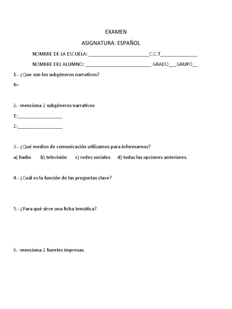 Examen de Recuperacion Español | PDF