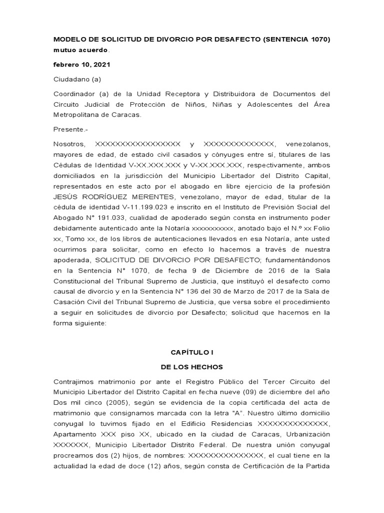 MODELO DE SOLICITUD DE DIVORCIO POR DESAFECTO Impr | PDF | Divorcio ...