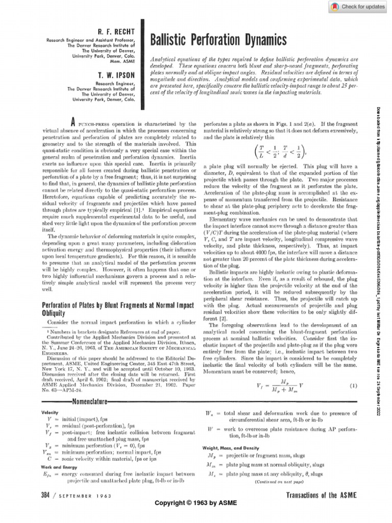 Recht, Ipson - Ballistic Perforation Dynamics | Download Free PDF ...