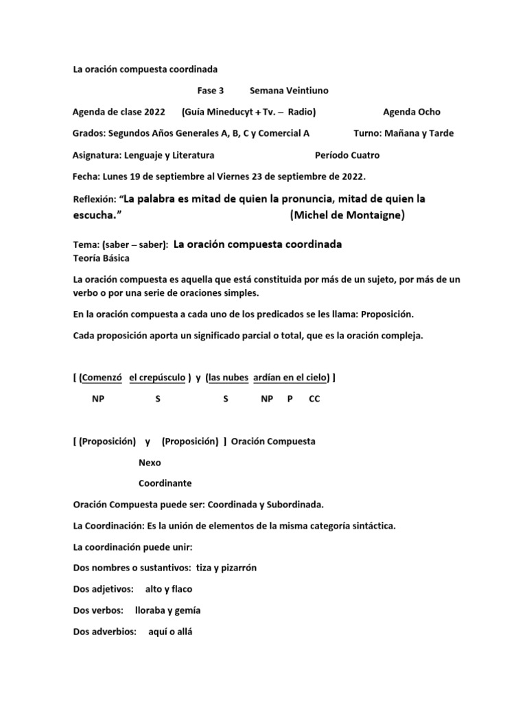 La Oración Compuesta Coordinada | PDF | Oración (Lingüística) | Interpretación (filosofía)