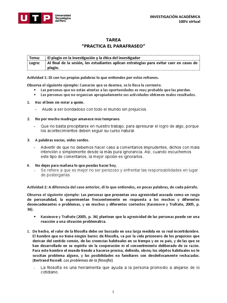 Semana 01 - Documentos - Practica El Parafraseo | PDF | Conocimiento | Plagio
