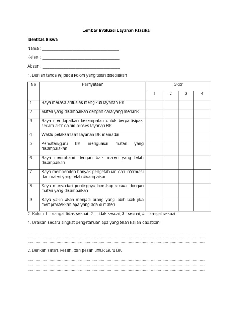 Lembar Evaluasi Klasikal Dan BKP | PDF
