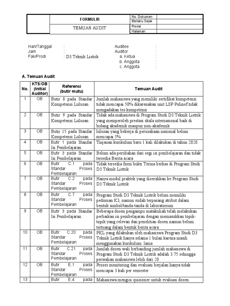 Form Temuan - D3 Teknik Listrik | PDF