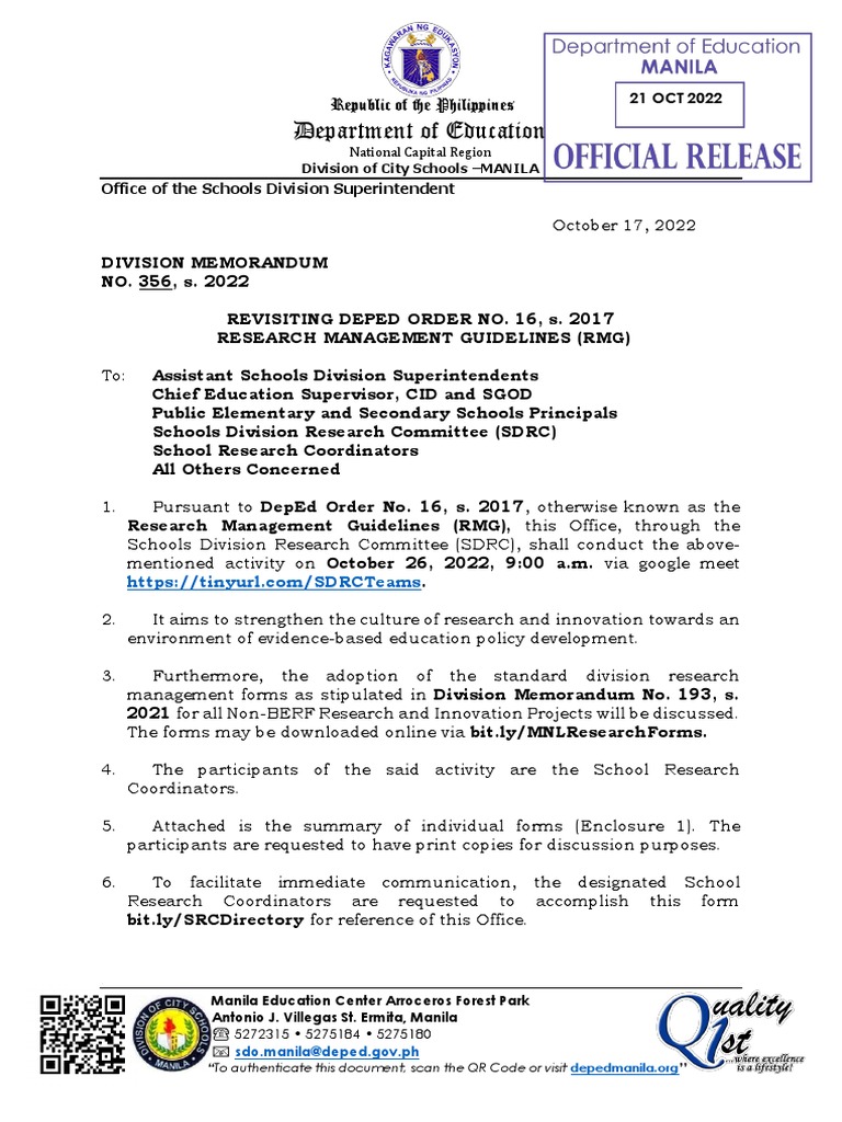 DM 356 S. 2022 Revisiting DepEd Order No. 16 S. 2017 Research Management Guidelines 2 | PDF ...