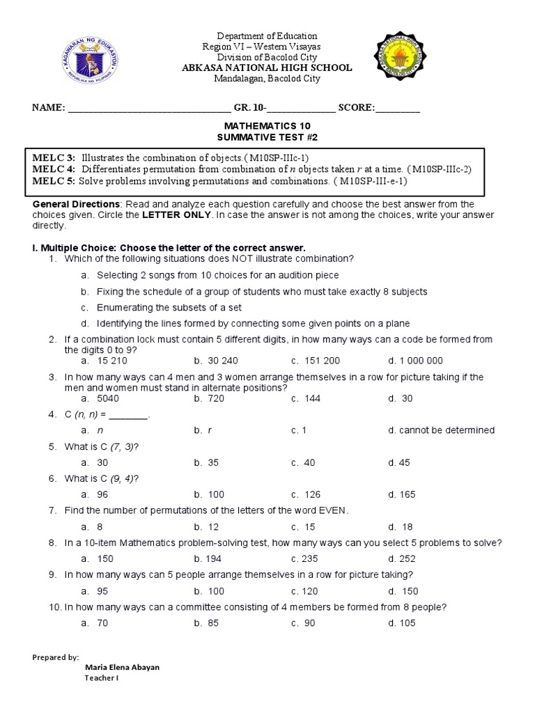 G10_SUMMATIVE-TEST-1_MELC-3-4 | PDF | Permutation | Mathematics