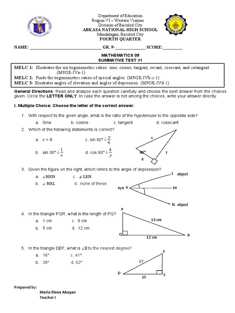 G9 - Summative Test 1 - Melc 1 3 | PDF | Trigonometric Functions ...
