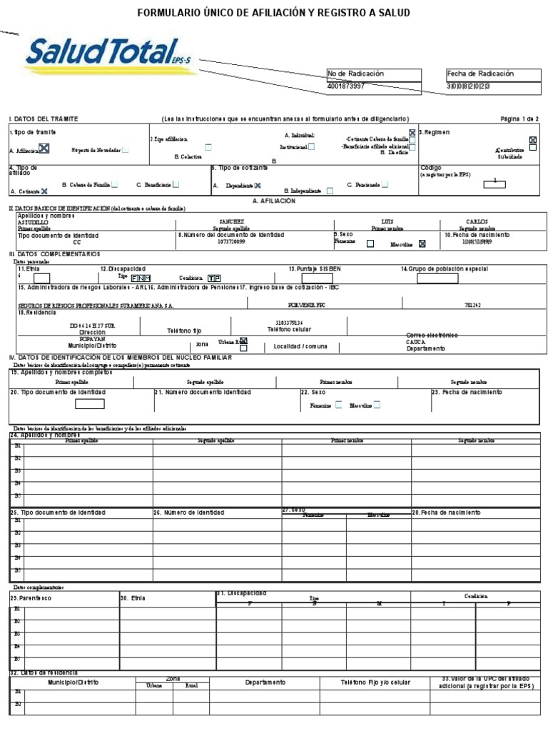 Formulario - Unico - de - Afiliacion - y - Registro Salud | PDF