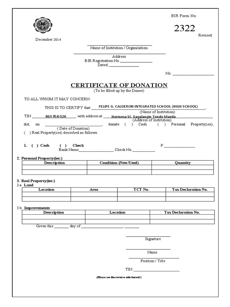 BIR Form 2322 Cert of Don - FG Calderon High School | PDF | Gross ...