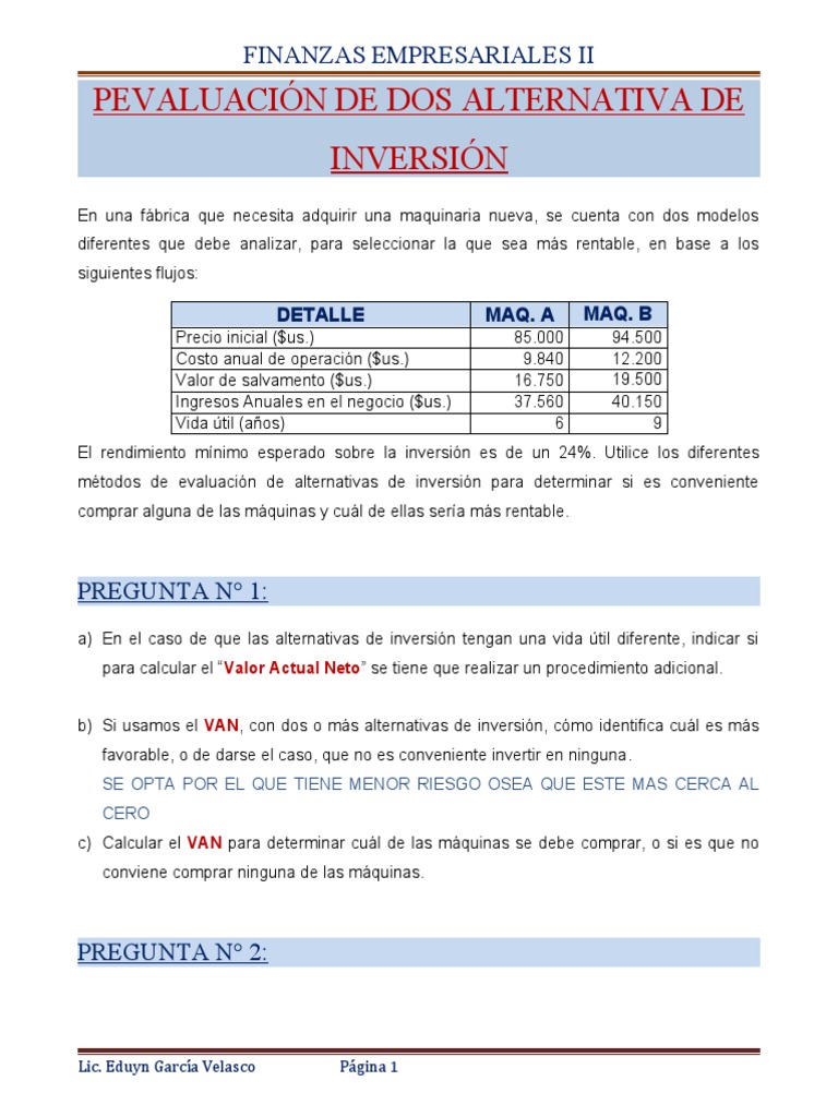 Actividad #4 - Evaluación de Dos Alternativas de Inversión | Descargar gratis PDF | Tasa interna ...