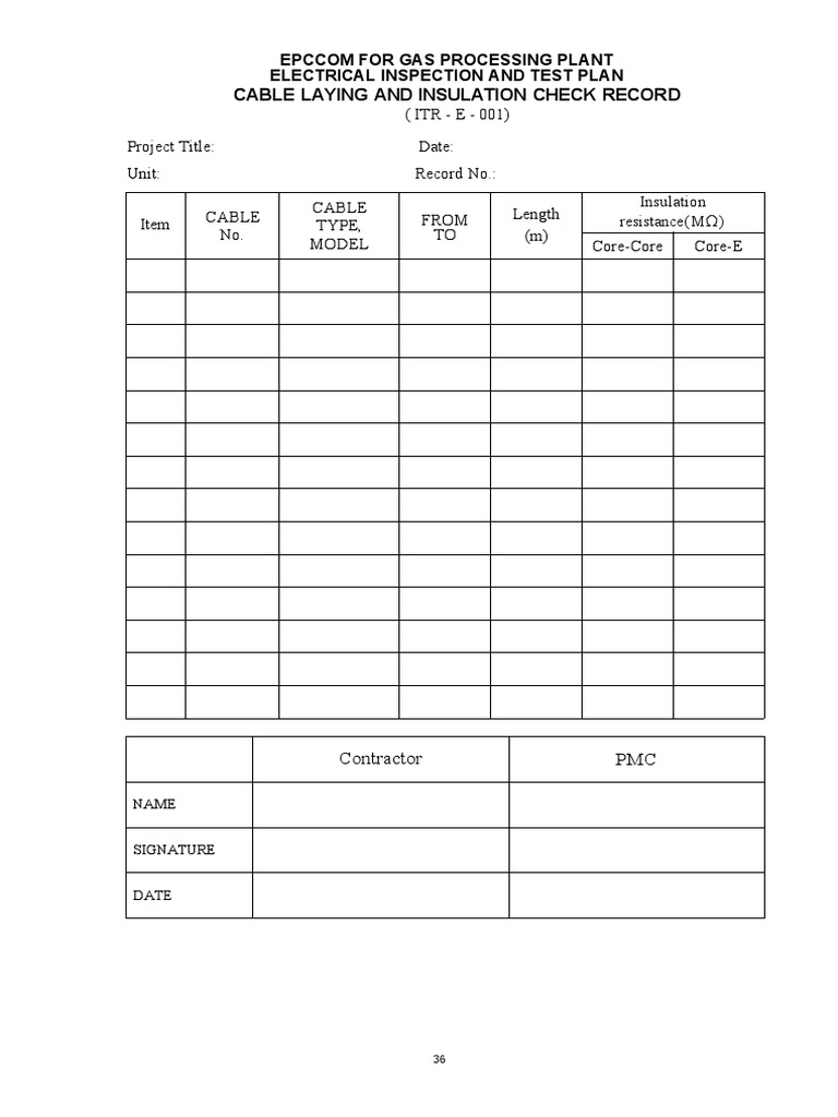 Itr - e - 001 Cable Laying and Insulation Check Record 电缆敷设与绝缘检查 清单 ...