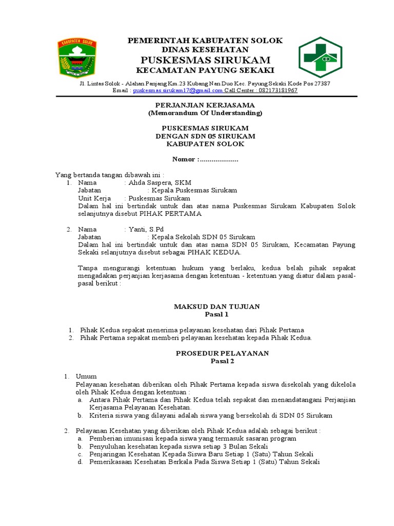 MOU Dengan SD 05 Sirukam | PDF
