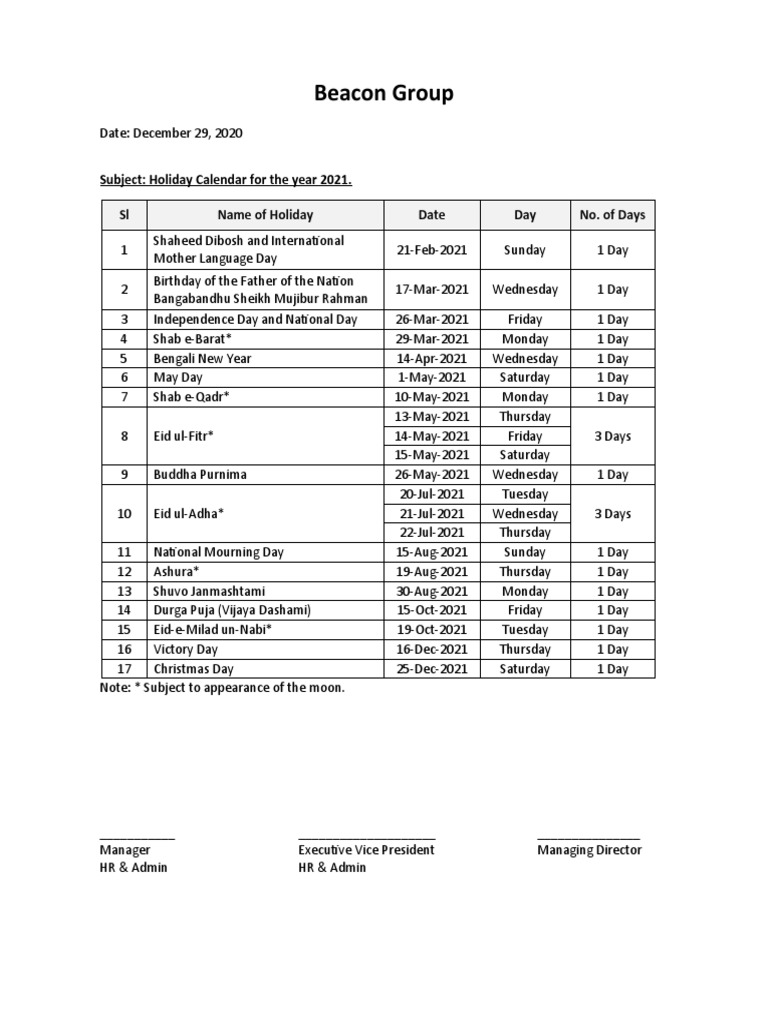 Holiday Calendar - 2021 - Draft | PDF