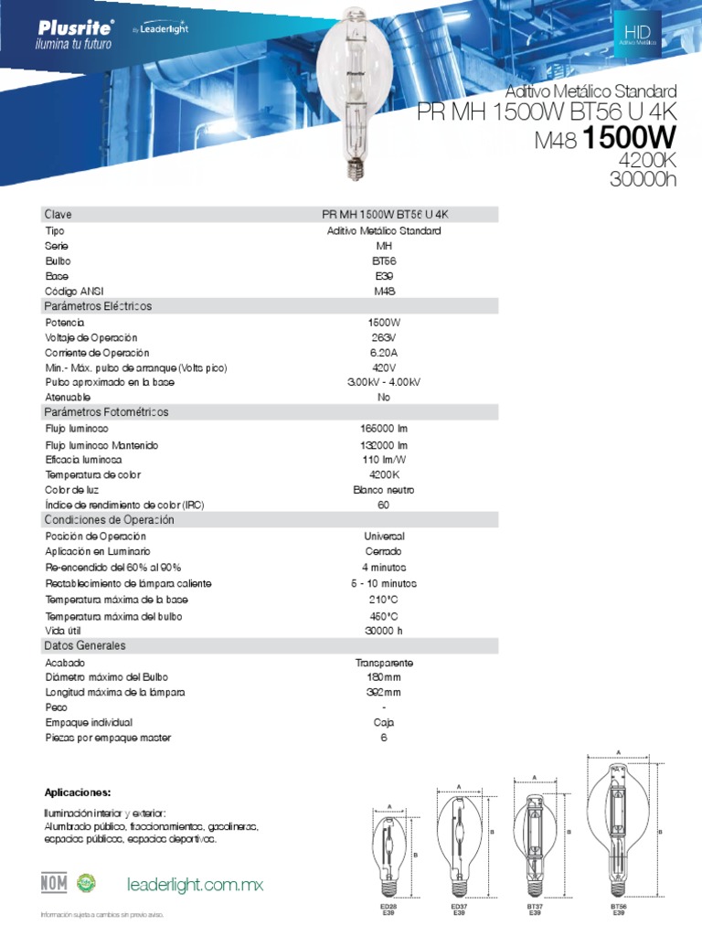 Ficha PR MH 1500W BT56 U 4K | PDF | Electrodinámica | Espectro ...