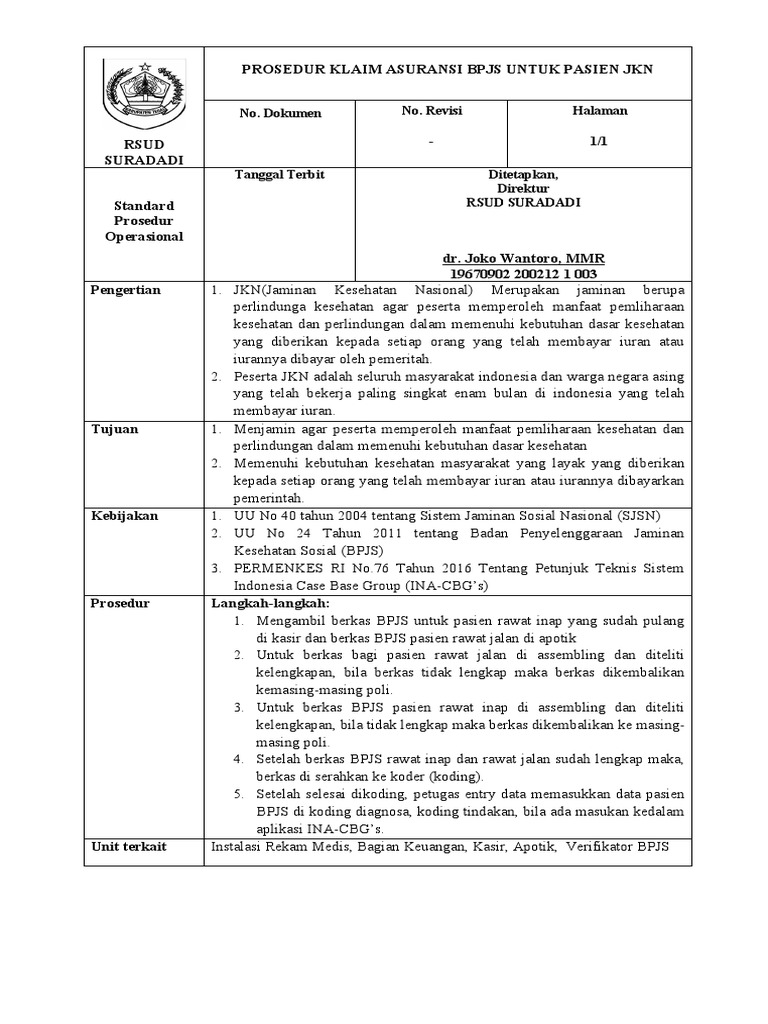 Spo Prosedur Klaim Pasien Bpjs Pdf