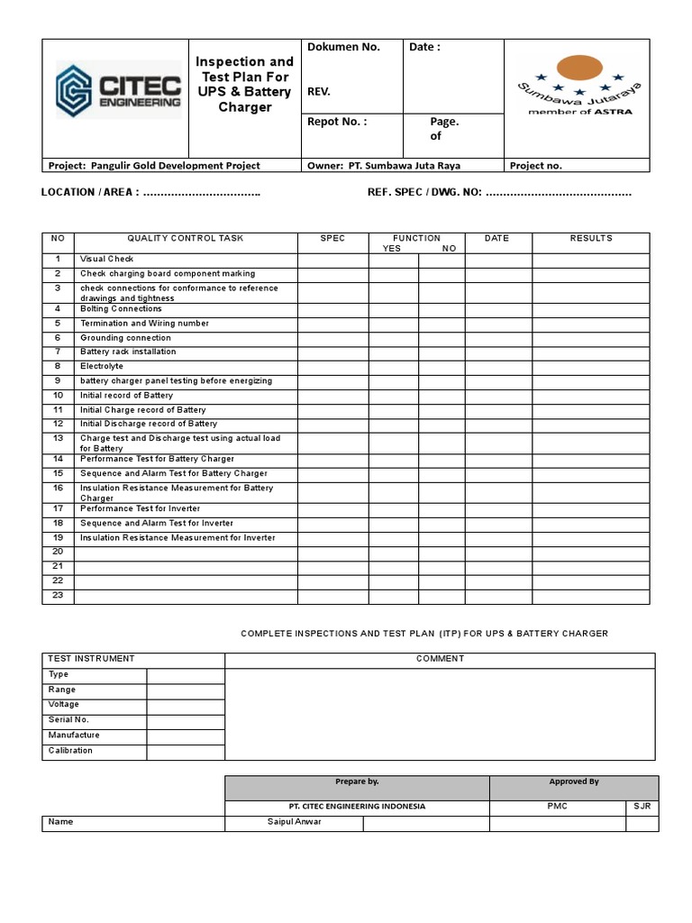 Form Inspection and Test Plan (ITP) For Batery Charger | PDF | Battery ...