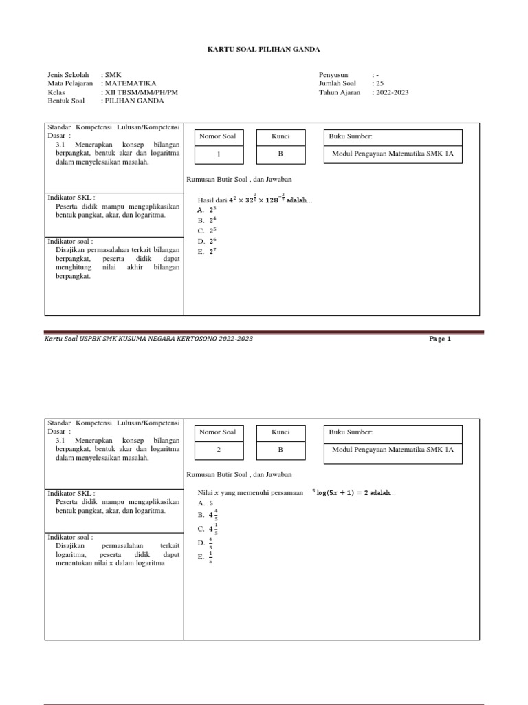 Kartu Soal Uspbk Matematika | PDF