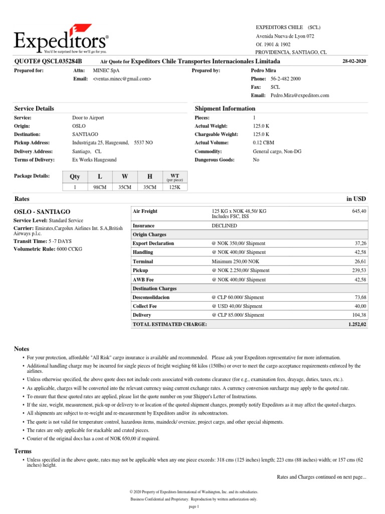 Air Freight Quote Oslo to Santiago | PDF | Cargo | Freight Transport